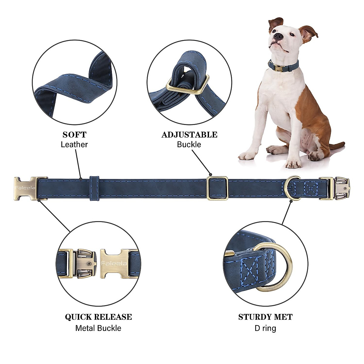 Faleela Leather Dog Collar - Durable Heavy-Duty with Quick-Release Metal Buckle, Adjustable for Large, Medium, and Small Dogs (Blue, Small)