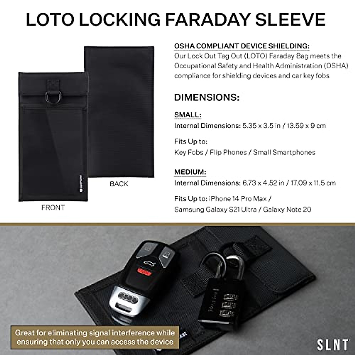 SLNT Lock Out Tag Out Locking Cell Phone Faraday Sleeve with Silent Pocket - Waterproof Nylon, Loto Signal Blocking Device Shielding for Most Phones, Keyfobs - Privacy & Anti-Hacking (Black, Medium)