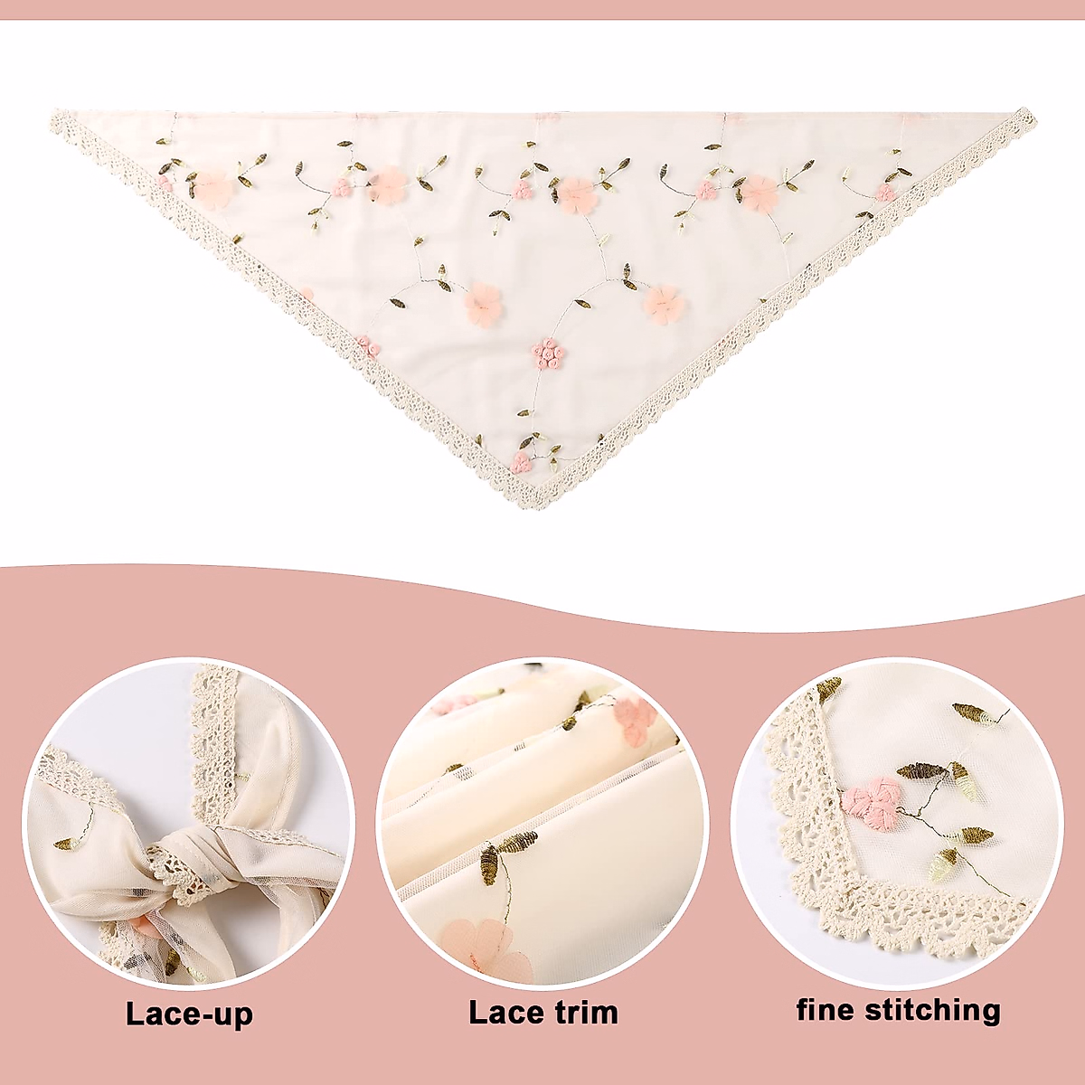 AWAYTR 2Pcs Floral Hair Bandanas Tie-back Head Kerchief for Women Flower Mesh Hair Scarves Lightweight Triangular Head Scarf (Lace trim(Beige/Pink))