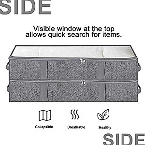 Under the Bed Storage Bags Container,Foldable Large Capacity Underbed Bins Organizer with 4 Strong Handles,2 Sturdy Zippers and Clear Window for Blanket Comforter Clothing Bedding
