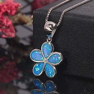CiNily Flower Pendant Necklace for Women Blue Opal Sterling Silver Plated Hawaiian Plumeria Flower Jewelry Gift