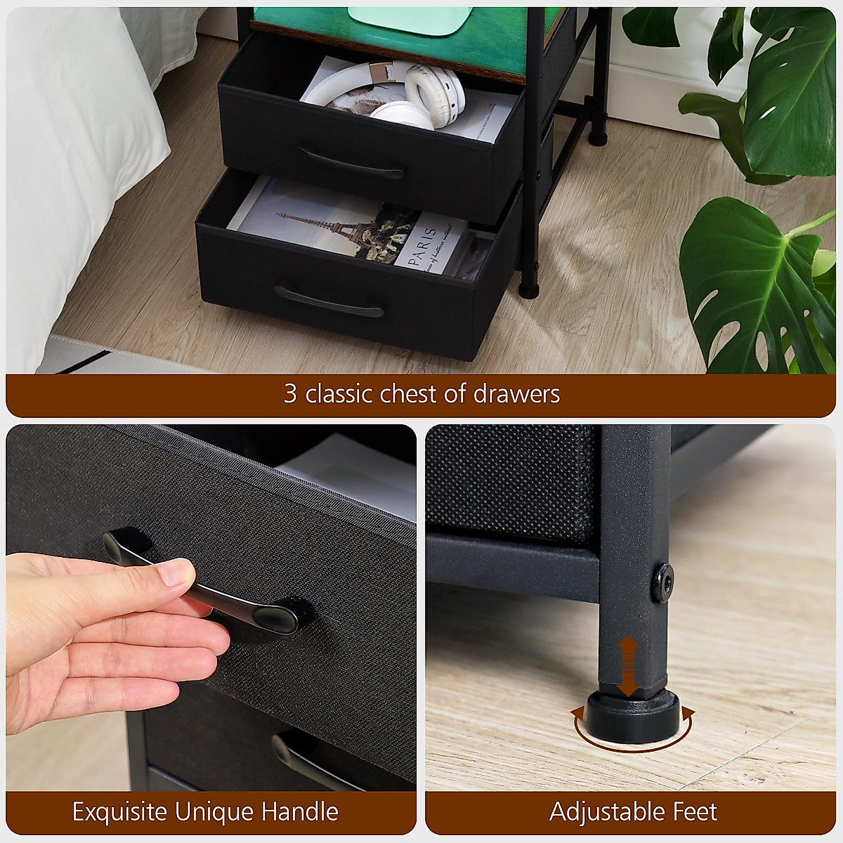 LOAKEKEL Night Stand Set 2, Nightstand with Charging Station, LED End Tables with USB C Port and Outlets, Bedside Table with 2 Fabric Drawers for Bedroom, Rustic Brown, HNS022BR