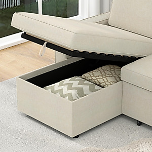 ONEMMLION Convertible Sleeper Sofa Couch with Pullout Bed, 85.8" Reversible Sectional Sofa Bed with Storage Chaise&Storage Racks, 3 Seat L-Shape Pull Out Couch with USB Charge Ports(Beige)