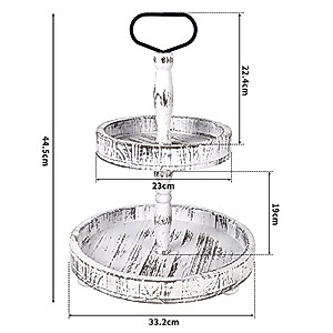Rustic Wooden Tiered Tray, Farmhouse Decorative Tray, Round Serving Tray with Metal Handle for Home Kitchen Shelf Dinning Table Seasonal Holiday Decorations, White