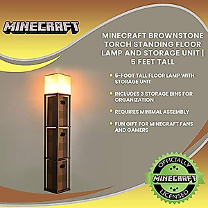 Robe Factory LLC Minecraft Brownstone Torch 5-Foot Standing Floor Lamp and Storage Unit | Includes 3 Cube Organizer Storage Bins