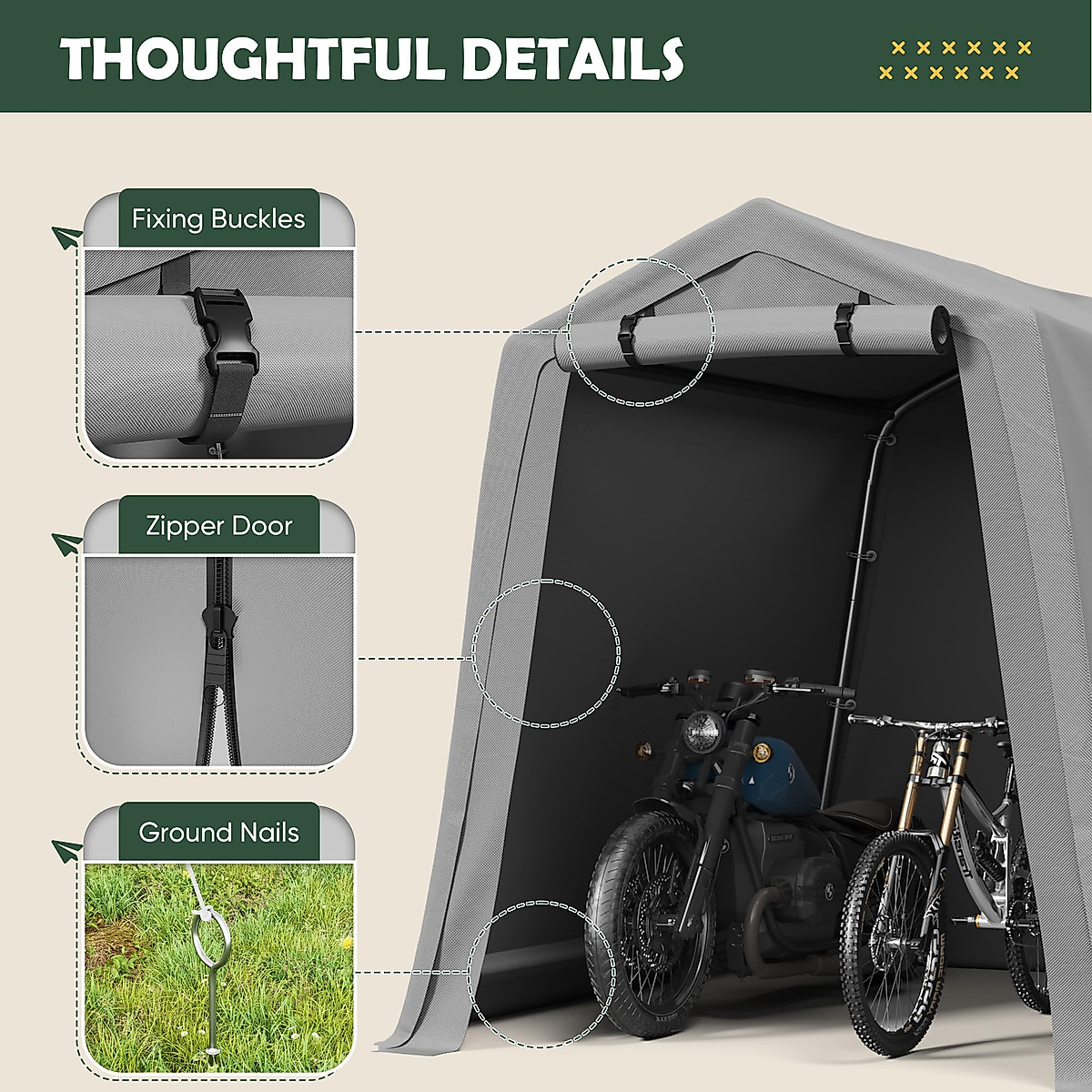 Flamaker Storage Shed 6 x 6 x 7 ft Outdoor Heavy Duty Waterproof Garage Steel Frame Portable Shed with Roll-up Zipper Doors for Motorcycle, Bike, Gardening Tools (Grey)