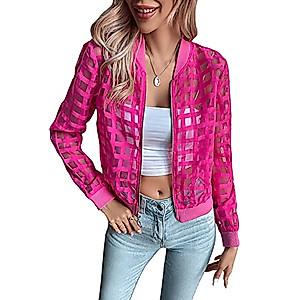 Floerns Women's Hollow Out Long Sleeve Baseball Collar Zip Up Bomber Jacket Hot Pink S