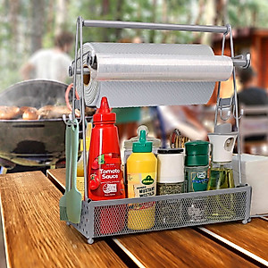 LAPACKER Grill Utensil Caddy, BBQ Silverware Caddy with Paper Tower Holder, Picnic Condiment Caddy Utensil Cutlery Holder for Out Grilling, Camping Accessories Organizer for Rv and Patio