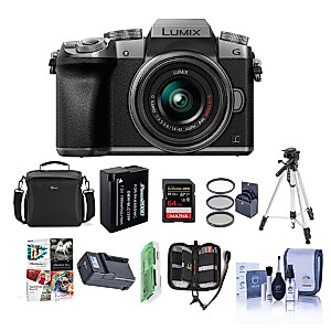 Panasonic LUMIX DMC-G7 Mirrorless Micro Four Thirds Camera with 14-42mm Lens, Silver - Bundle with Camera Case, 64GB SDXC U3 Card, Spare Battery, Tripod, 46mm Filter Kit, Software Package, and More