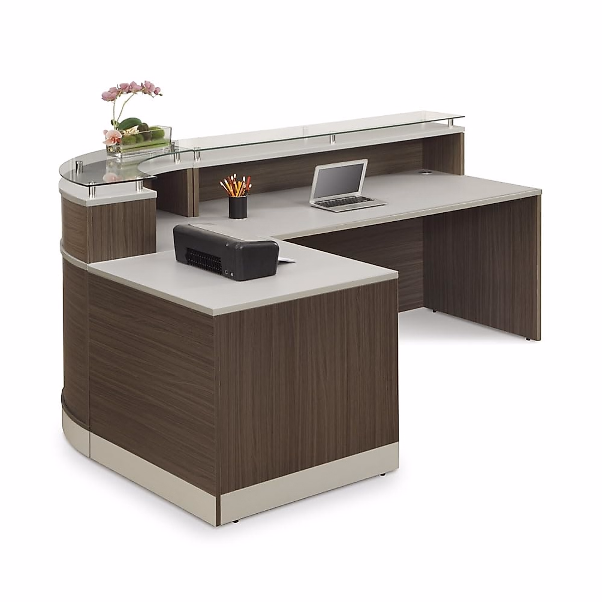 NBF Modern Reception Desk with Counter, Front Desk, Retail Checkout Counter, L Shaped, Office, Lobby, Salon, Store, Curved, 79" W x 63" D, Driftwood