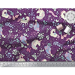 Soimoi Purple Heavy Canvas Fabric Unicorn & Floral Print Fabric Upholstery Fabric, Fabric for Home Accents by The Yard 58 Inch Wide