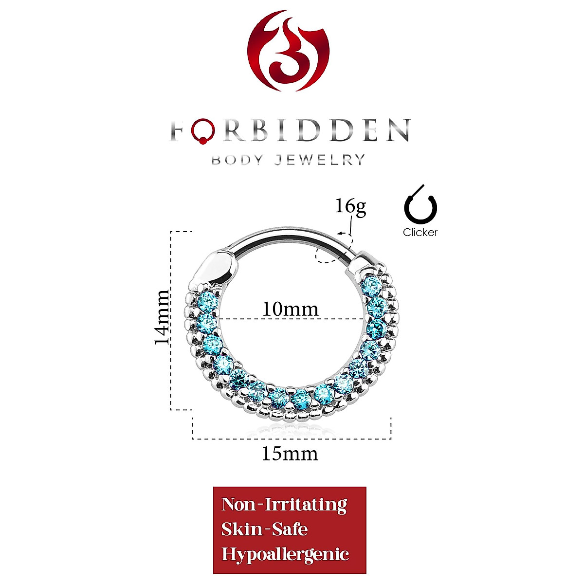 Forbidden Body Jewelry 16g 10mm Rounded Top Pave Aqua Blue CZ Clicker Hoop for Septum & Cartilage Piercings
