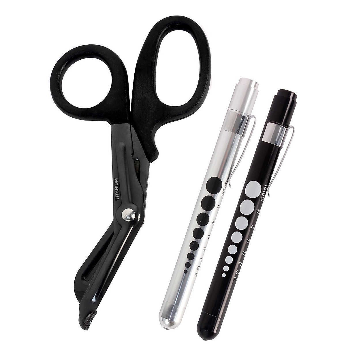 MediTac Titanium-Bonded EMT Trauma Shears – 7 ¼” Black Medical Bandage Scissors with LED Pen Light Two Pack - Autoclavable (Black & Silver)