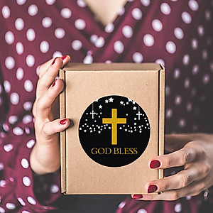 Fedyufook Black and Gold Cross Stickers God Bless Sticker Labels for Religious Baptism, Confirmation, Christening, First Communion - 2 Inches - 50 Count