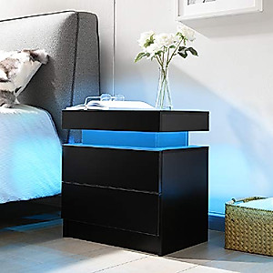 Generic Nightstand LED Set of 2 Bedside Table Cabinet with Lights Modern End Side Drawers for Bedroom (Black), 13D x 19W 20H in (JCFDB)