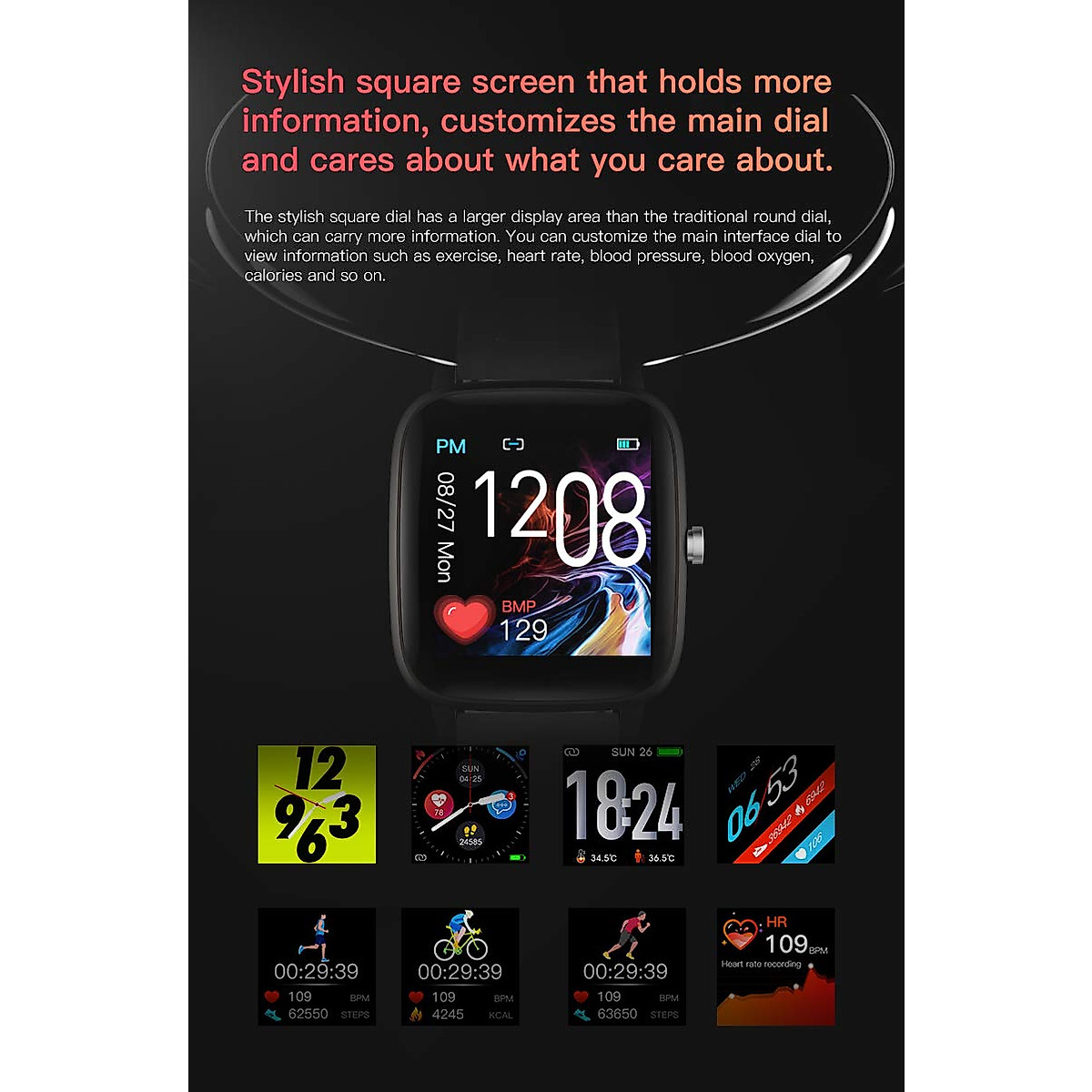 LCW Smart Watch Fitness Trackers with Heart Rate Monitor,Waterproof IP67 Activity Trackers Watch Pedometer Stopwatch,Body Temperature Measurement, for Men Women for iPhone Android Phone (Black)