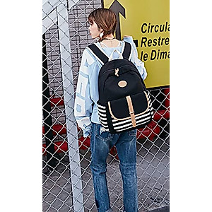 Createy 4 Pcs Canvas Backpack for Girls School Bag Kids Bookbags Teen Backpack Travel Daypack Stripe Backpack with Lunch Box and Pencil Case