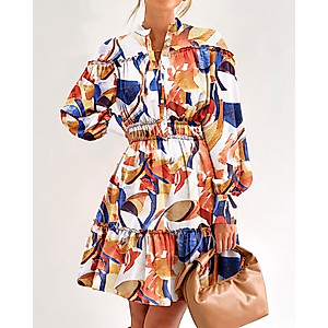 KIRUNDO Women Long Sleeve Dress Button Up Oil Mottled Print Exotic Dresses Casual Loose Elastic Waist A Line Short Dress Party Dress Homecoming Dresses(Blue, Small)