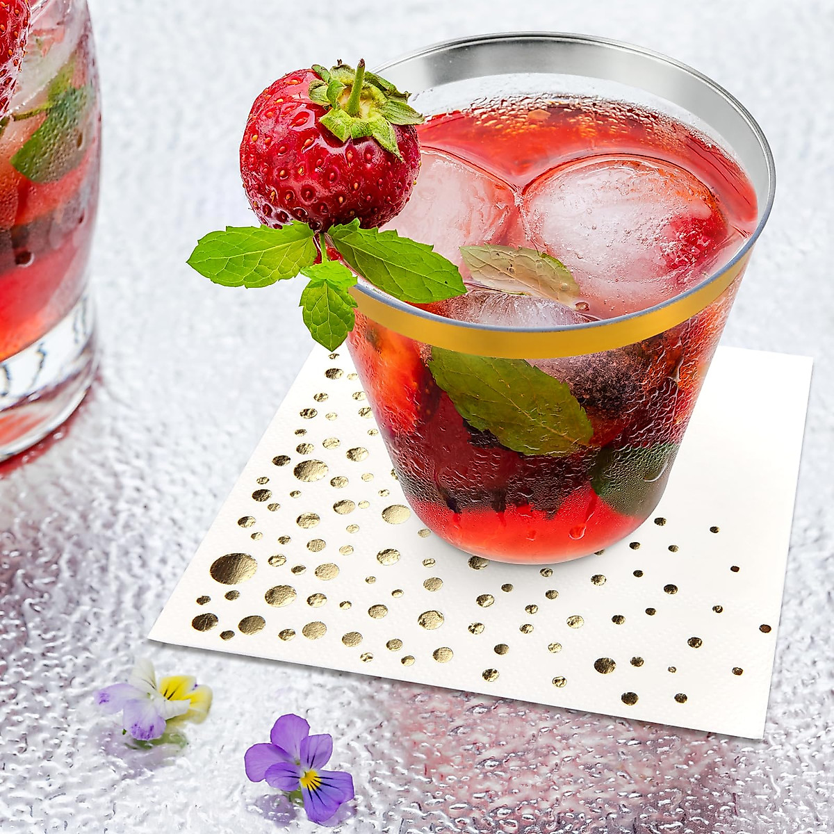 Essential Concierge Stylish Gold-Rimmed Plastic Cups, 9 oz - 100 Disposable with Gold Napkins