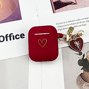 AIIEKZ Compatible with AirPods Case Cover, Soft Silicone Case with Gold Heart Pattern for AirPods 2&1 Generation Case with Vintage Roses Pearl Keychain for Girls Women (Burgundy)