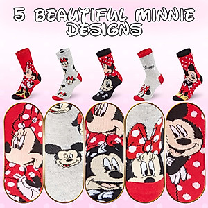 Disney Womens Novelty Socks, Pack of 5 Soft Calf Socks - Gifts for her (4/9 US, Red Minnie Mouse)