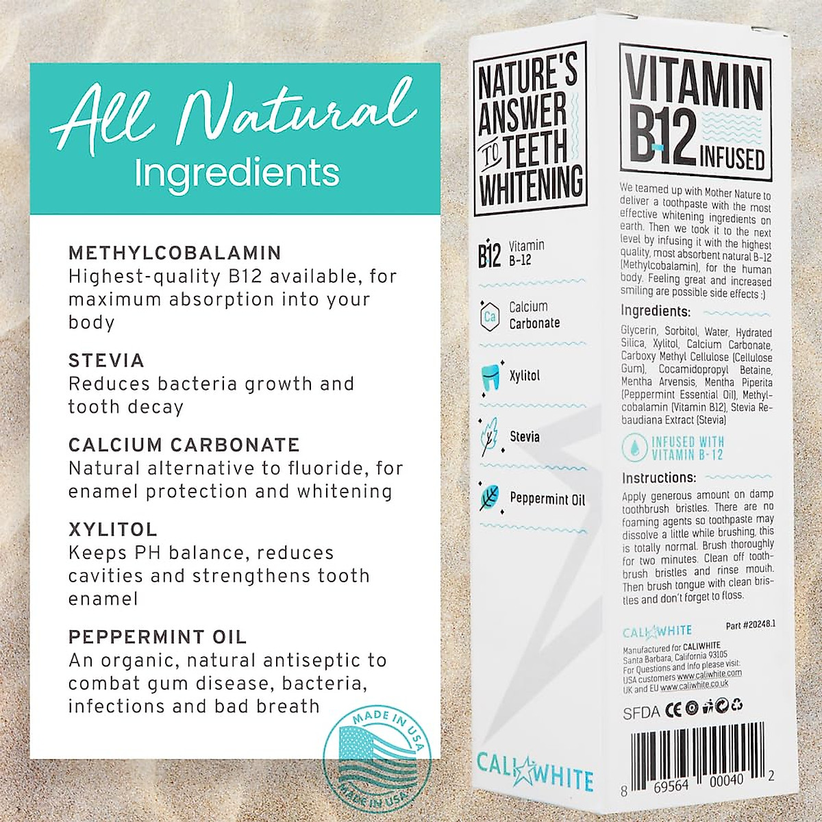 Cali White Flouride Free Natural Whitening Toothpaste, Infused with Vitamin B12 Teeth Whitening Toothpaste, Vegan Toothpaste, Triclosan Free, Peroxide Free, SLS Free, Pacific Mint, 4 Ounce (1 Pack)