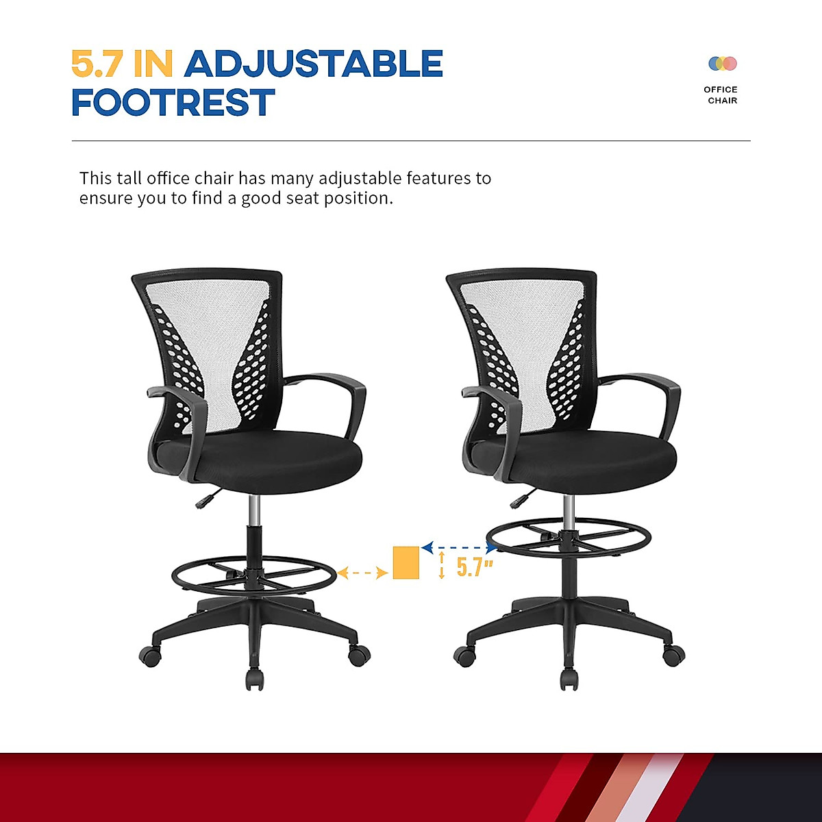 FDW Drafting Chair Tall Office Chair Ergonomic Office Chairs Adjustable Height Rolling Swivel Computer Task Chair Mesh Desk Chair with Arms Foot Rest Back Support (Black)