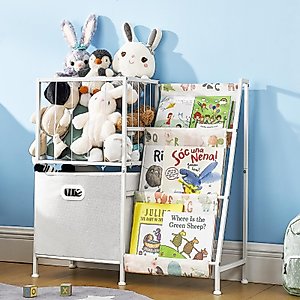 Kids Bookcase Stuffed Animal Storage, 3 Tier Kids Bookshelf and Toy Storage Organizer with Toy Box for Toddler Kids Rooms, Bedroom, Playroom, Nursery, Montessori Baby Toddler