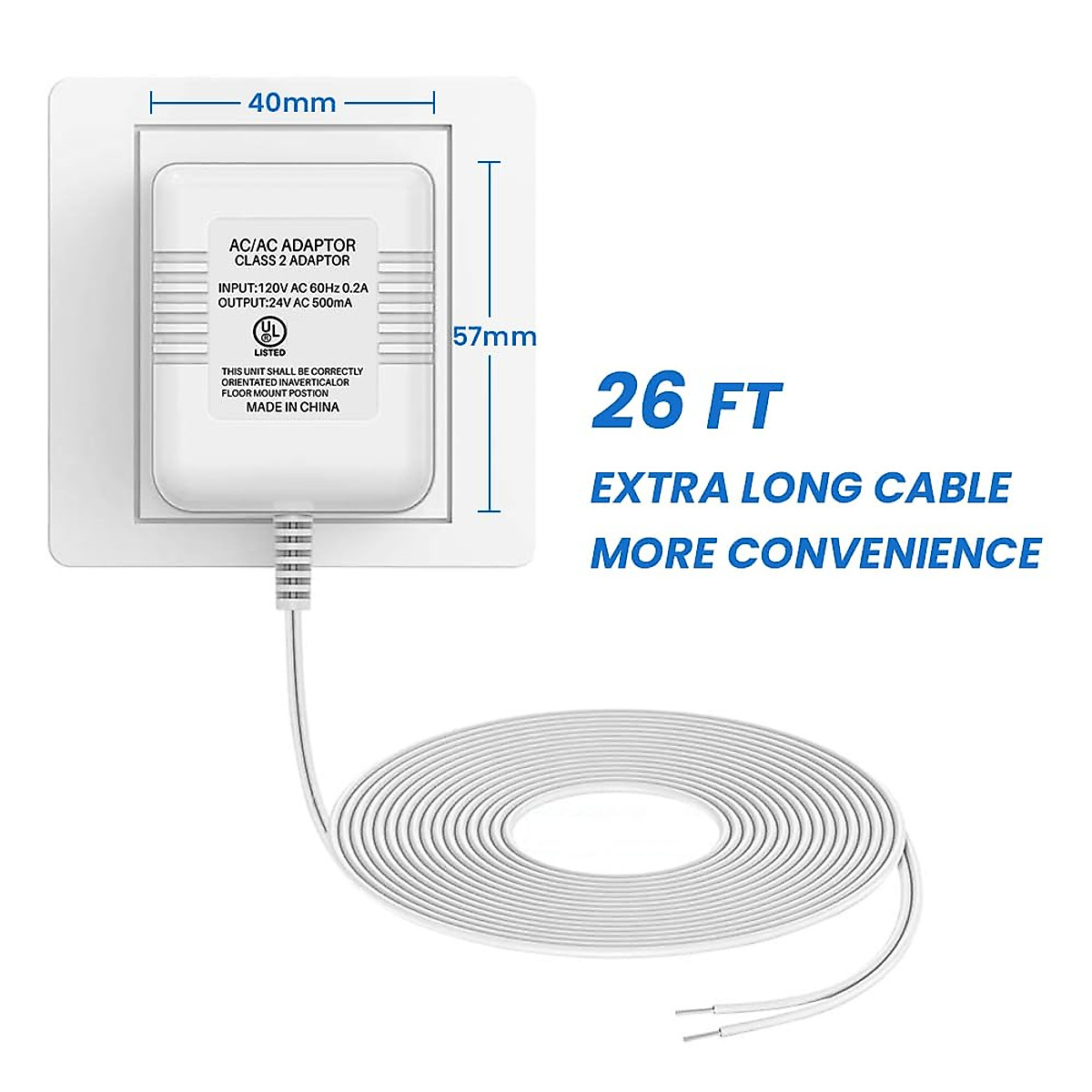 Xwartre UL Certified Thermostat C Wire 24V Transformer, White Adapter Compatible with Honeywell, Nest, Emerson, Ecobee, Wyze Thermostat and Most Doorbells (26FT Power Cable)