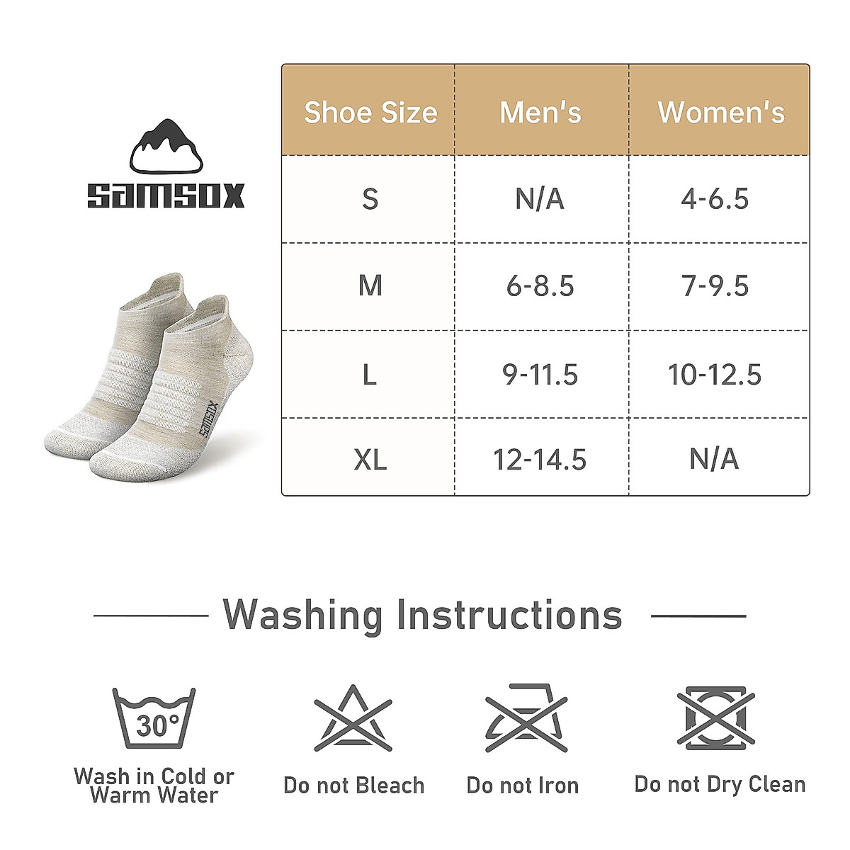 SAMSOX 2-Pair Merino Wool Running Socks, Made in USA, Oatmeal M