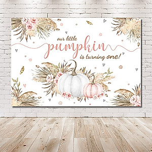 MEHOFOND 7x5ft Fall Pumpkin 1st Birthday Backdrop Boho Pink Floral Our Little Pumpkin is Turning One Banner Fall Autumn First Birthday Photography Background Cake Table Smash Photo Props