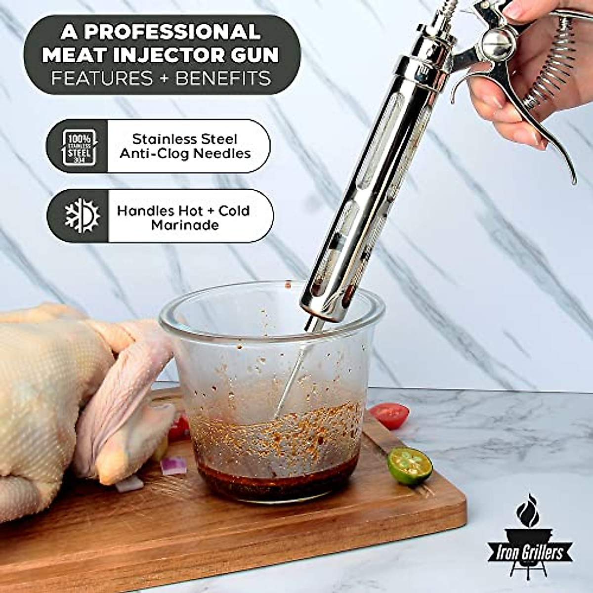 Iron Grillers Meat Injector Gun for Smoking & Grilling, Large 2 Oz Glass Syringe for Cooking BBQ, Brisket, Turkey & More - Inject Marinade or Seasoning for Tender Flavor! - Automatic Professional Kit
