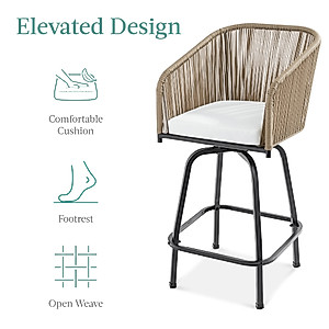 Best Choice Products Set of 2 Woven Wicker Swivel Bar Stools, Patio Bar Height Chair for Backyard, Pool, Garden, Deck w/ 360 Rotation, 250lb Capacity - Natural/Ivory
