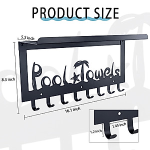 OYEFLY Pool Towel Rack,Wall Mount Towel Hooks Towel Holder with 8 Hooks,Pool Area Outside Sign (Black with Shelf, 16.1in)