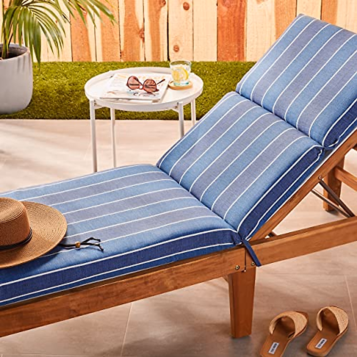 Pillow Perfect Stripe Indoor/Outdoor Split Back Chaise Lounge Cushion with Ties, Plush Fiber Fill, Weather, and Fade Resistant, 72.5" x 21", Blue/White Wickenburg, 1 Count