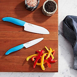 Kyocera Revolution 2-Piece Ceramic Knife Set: Chef Knife For Your Cooking Needs, 5.5" Santoku and 4.5" Utility Knife, White Blades with Blue Handles, White/Blue