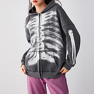 Karwuiio Women Men Zip Up Hoodie Y2k Vintage Graphic Oversized Sweatshirt Jacket Pullover Coats Gothic Streetwear (All Black, XL)