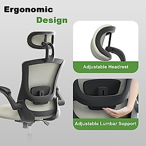 Ergonomic Office Chair, Mesh Desk Office Chair with Adjustable Headrest & Lumbar Support, High Back Task Computer Chair with Flip-up Armrests, Executive Chair for Home Office (Grey)