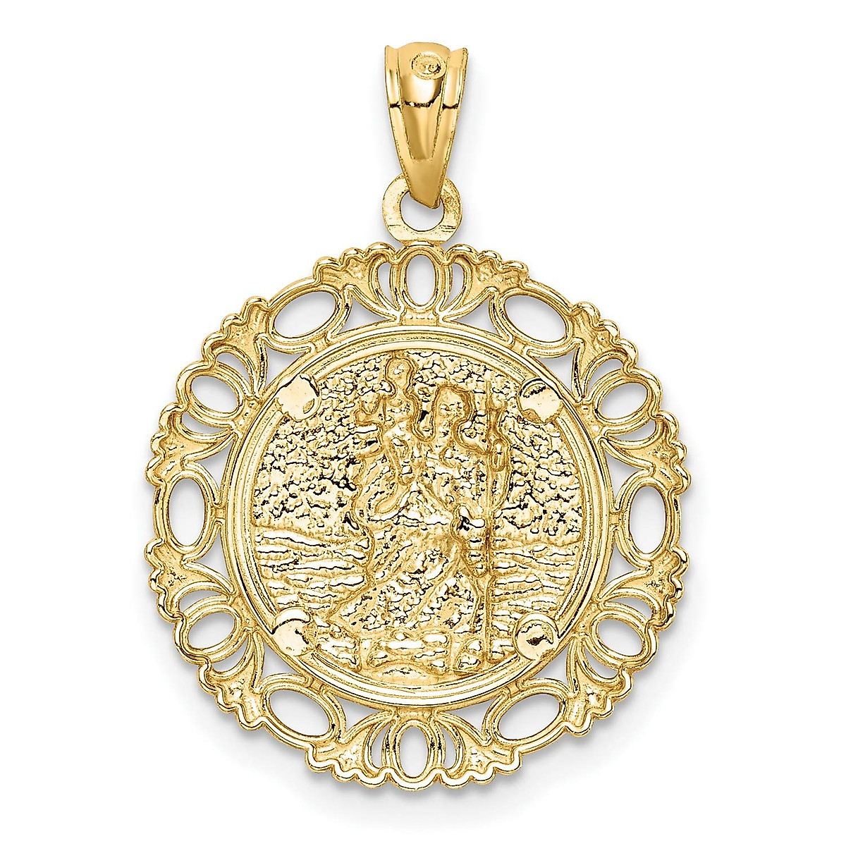 Saint Christopher Figure on Round Pendant with Fancy Border in Real 14k Two-Tone Gold 17mm