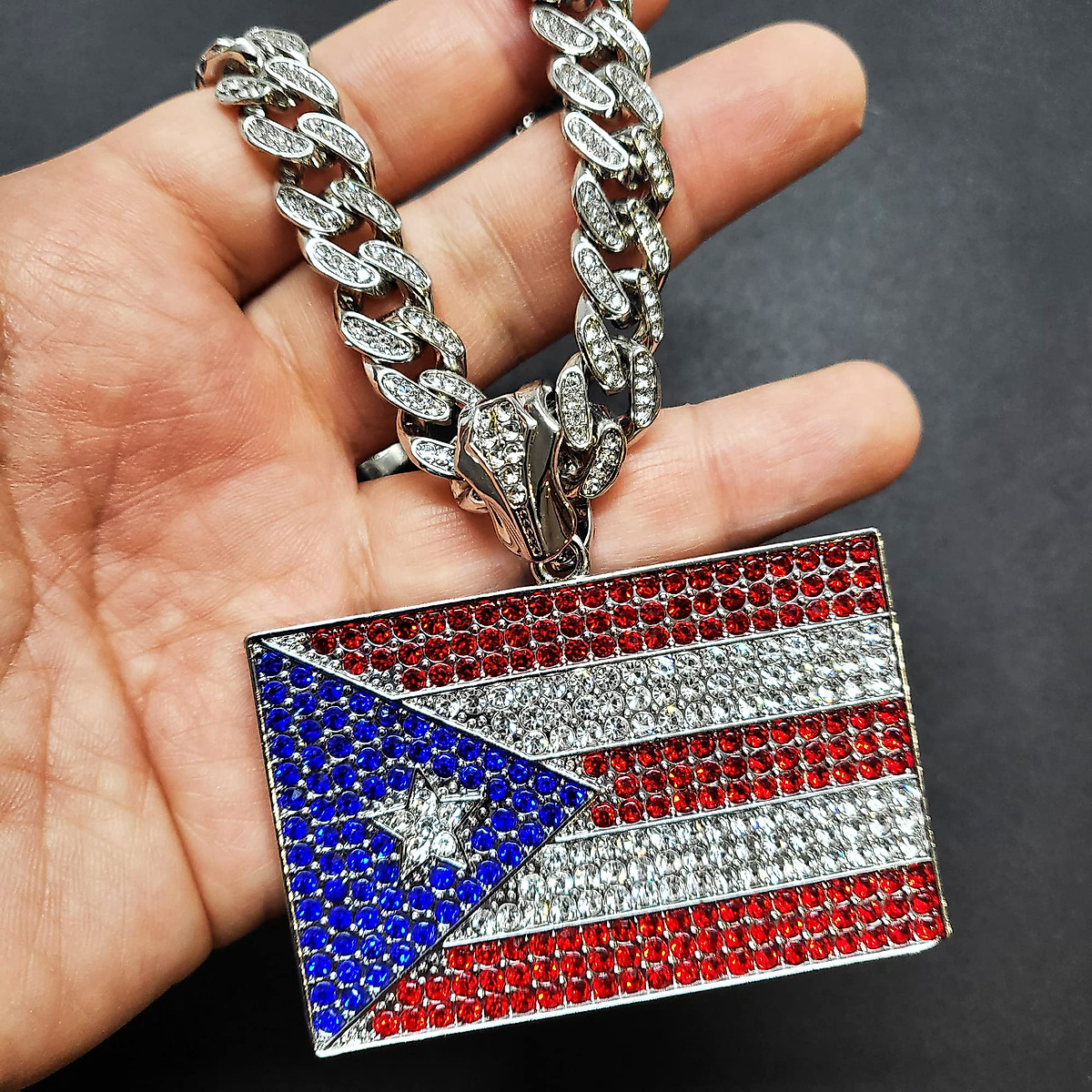 Hip Hop Jewelry Silver Plated Puerto Rico Flag Pendant 13mm 16" 18" 20" 24" Iced Cuban Chain Necklace (PENDANT & 24" CHAIN SET)