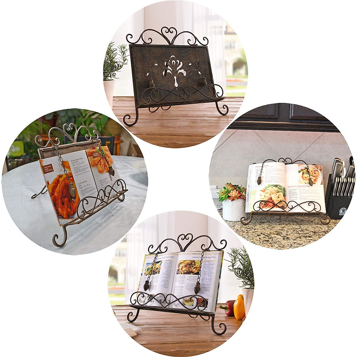 Westcharm Holiday Gift - Antique Metal Kitchen Cookbook Stand, Recipe Book Holder, iPad Holder, Cookery Book Easel with Weighted Chains, Rustic Dark Brown