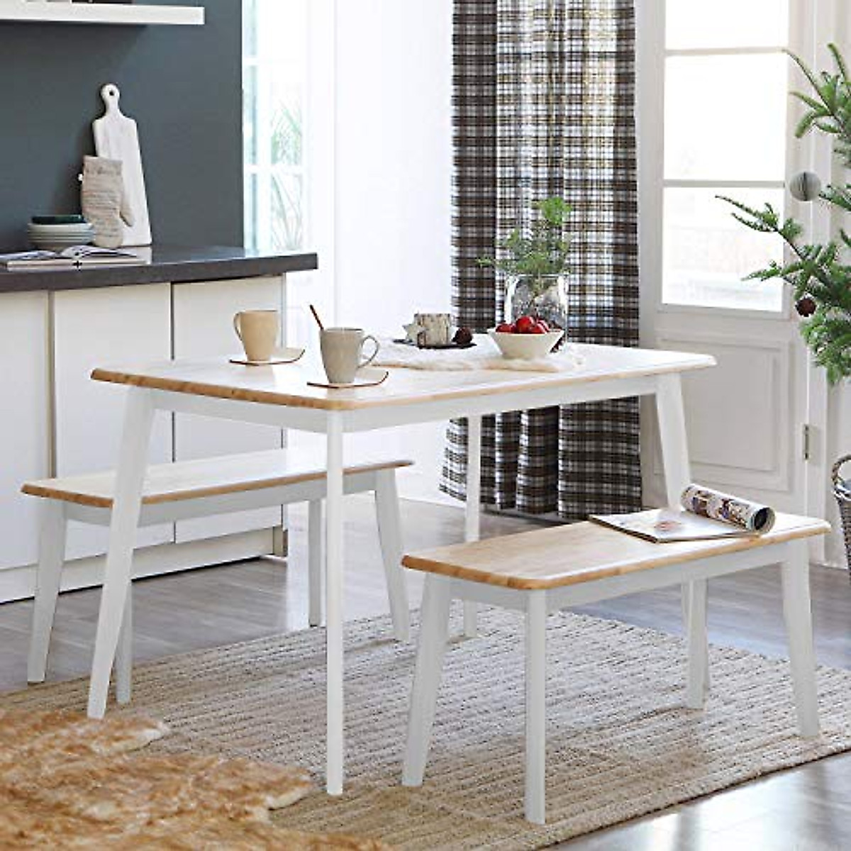 Livinia 3-Piece Dining Table Set, Canberra 47.2" Table (Natural-White) Canberra 37.4" Dining Bench (Natural-White) Set