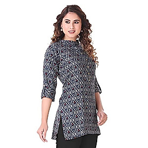 ladyline Womens Cotton Rayon Printed Tunic Top 3/4 Roll-Up Sleeves Button Neck Short Kurti Kurta (XL/Blue/44)