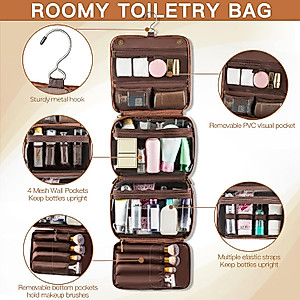 Elviros Hanging Toiletry Bag Removable Travel Bag PU leather Makeup Cosmetic Organizer Kit, Dark Brown