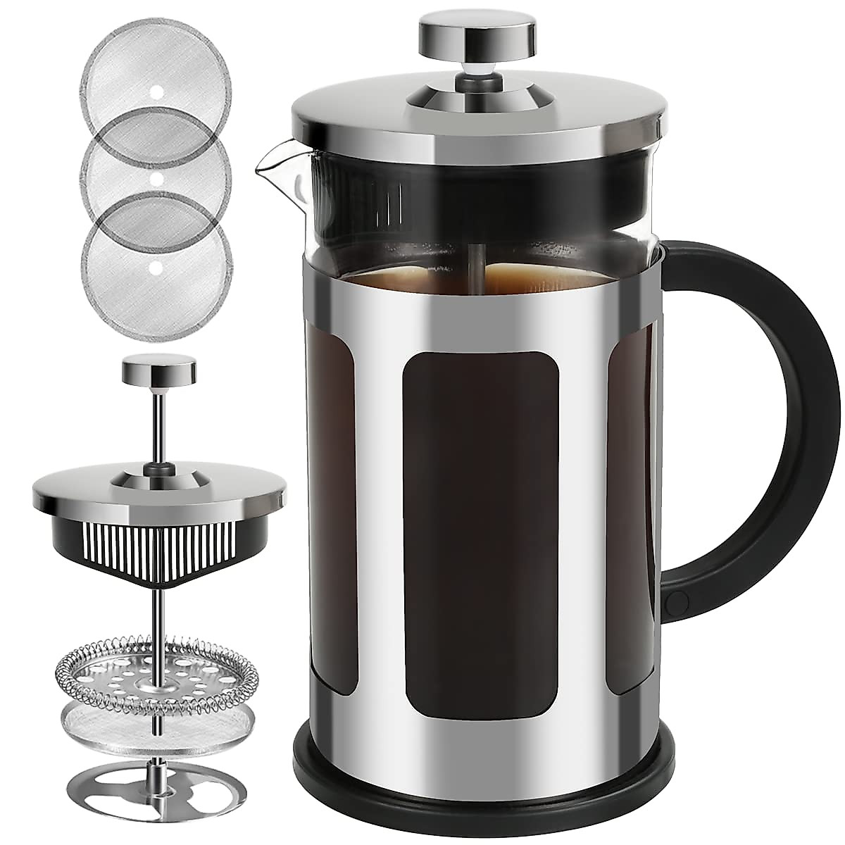 FAVIA 34 Ounce French Press Coffee Maker Heat Resistant Thick Glass with Stainless Steel Coffee Tea Press Dishwasher Safe (34oz, Stainless Silver)