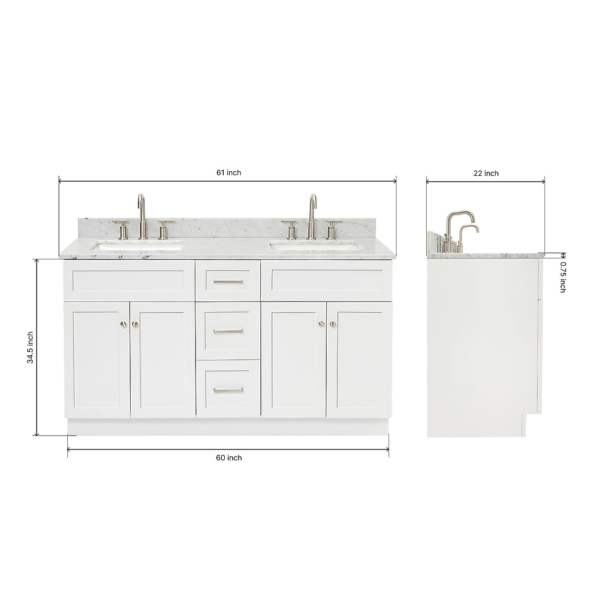 ARIEL 61" White Double Bathroom Vanity, Italian Carrara Marble Countertop & Splash, Rectangular Sink, 2 Soft Closing Doors, 3 Full Extension Dovetail Drawers, Toe Kick, Brushed Nickel