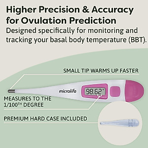 Microlife Digital Basal Thermometer 1/100th Accurate, for Fertility Prediction and Ovulation Tracking, NFP/TTC, (60-Second Reading), Oral or Vaginal BBT, Saves Last Memory