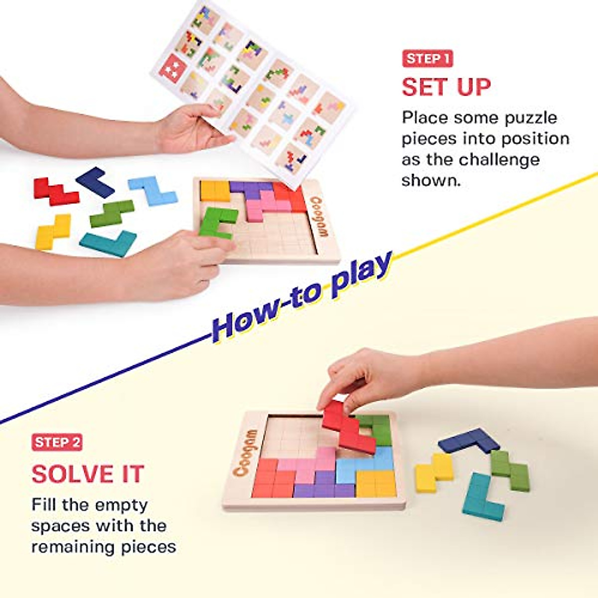 Coogam Wooden Puzzle Pattern Blocks Brain Teasers Game with 60 Challenges, 3D Russian Building Toy Wood Tangram Shape Jigsaw Puzzles Montessori STEM Educational Toys Gift for Kids Adults