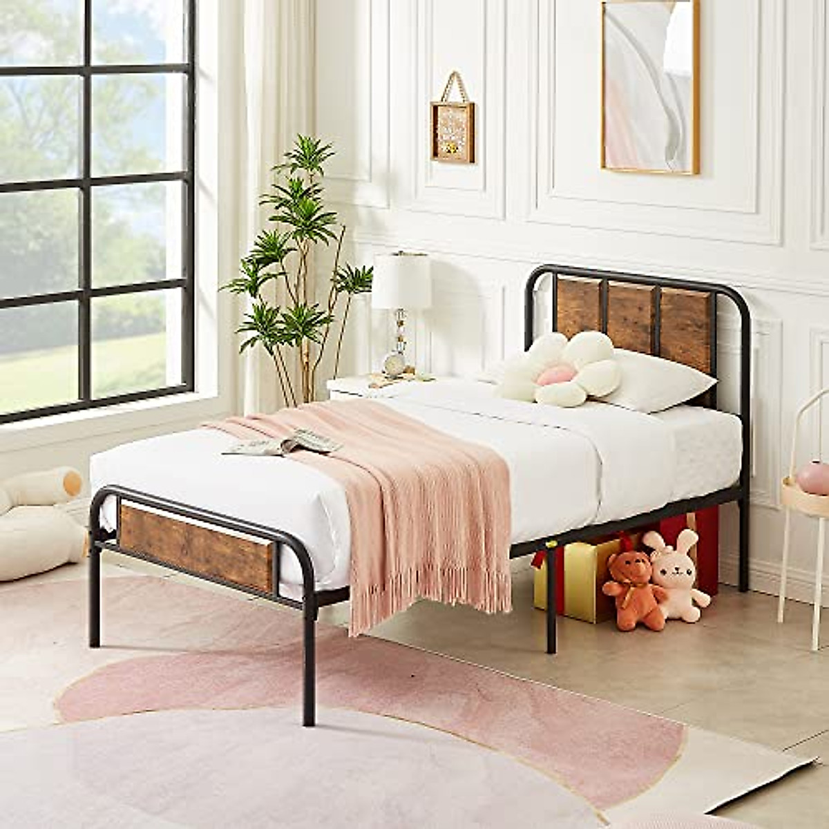 VECELO Twin Bed Frame Heavy Duty Metal Platform with Wooden Headboard Footboard Mattress Foundation 12 Strong Steel Slats Support Under Bed Storage/Easy Assemble
