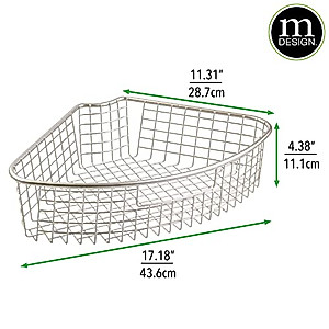 mDesign Farmhouse Metal Kitchen Cabinet Lazy Susan Storage Organizer Basket with Front Handle - Large Pie-Shaped 1/4 Wedge, 4.4" Deep Container - Satin